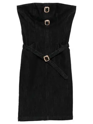 SELF-PORTRAIT Denim Mini Dress With Exposed Zip Closure And Belt - Black