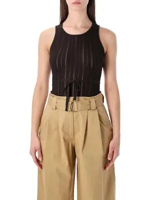 SESSUN Sleeveless Ribbed Knit Bodysuit With Waist Tie - Brown