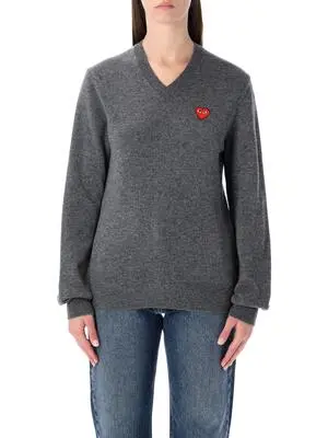 Play Comme Des Garcon V-neck Pullover Red Emblem - Grey