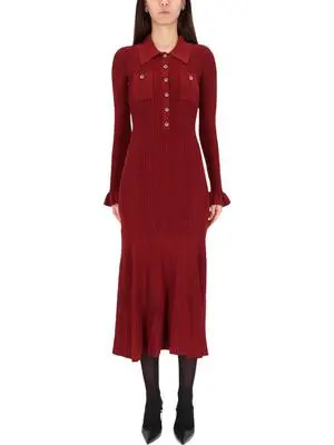 SELF-PORTRAIT Ribbed Knit Button-front Midi Dress - Bordeaux
