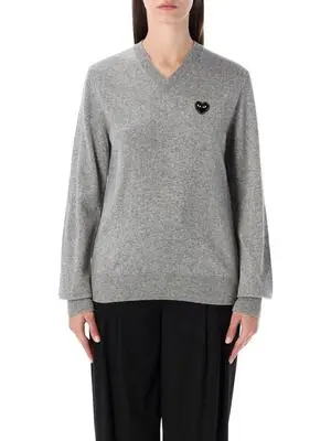 Play Comme Des Garcon Wool V-neck Sweater With Crystal Embellished Heart - Grey