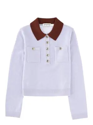 SELF-PORTRAIT Long Sleeve Collared Top With Button Detail And Pockets - Blue