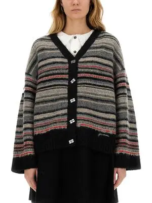GANNI Striped Fine Knit V-neck Cardigan - Multicolour