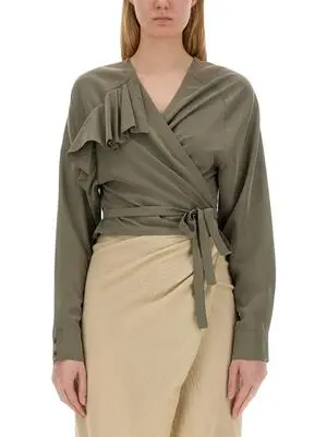 ALYSI Cropped Ruffle Wrap Top - Green