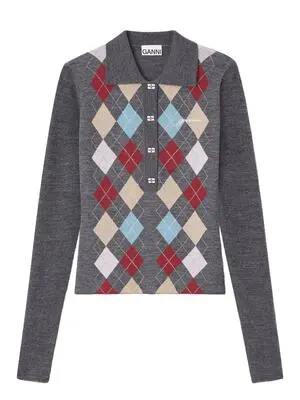 GANNI Argyle Knit Polo Neck Sweater - Black