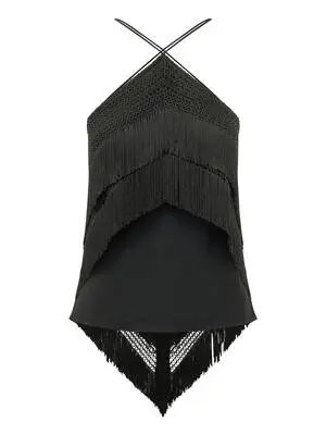 Andamane Asymmetrical Fringed Halter Top - Black