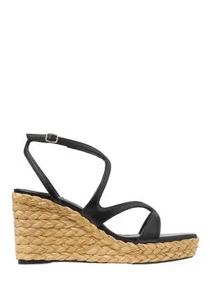 JIMMY CHOO Raffia Wedge Sandals With Adjustable Ankle Strap - Black