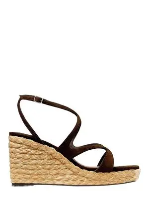 JIMMY CHOO Raffia Wedge Sandals With Adjustable Ankle Strap - Marrone