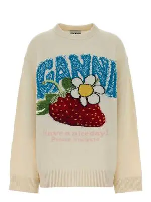 GANNI GANNI Oversized Wool Blend Sweater With Tie Detailing White