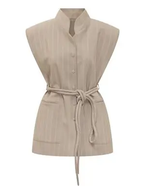 MOM'S PANTS Striped Long Gilet With Belted Waist - Beige Striped