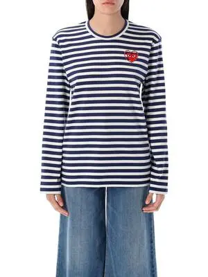 Play Comme Des Garcon Striped Cotton Long Sleeve T-shirt With Heart Logo - Blue