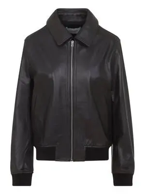 YVES SALOMON Leather Zip-up Jacket With Stand Collar - Brown