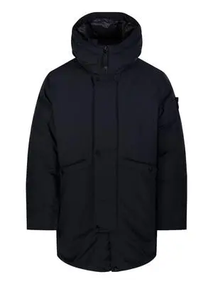 Stone Island Hooded Coat With Snap Pockets And Drawcord - Black