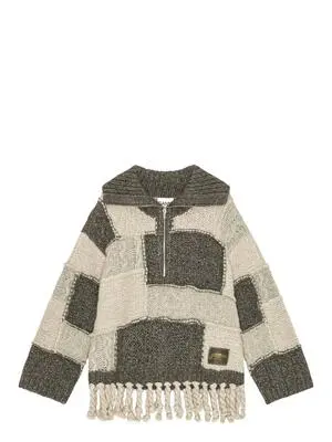 GANNI Patchwork Knit Sweater With Fringed Hem - Grey