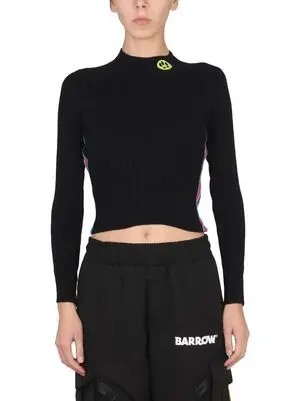 BARROW Black Ribbed Knit High Neck Top With Colorful Side Bands And Appliqué Logo - Multicolour
