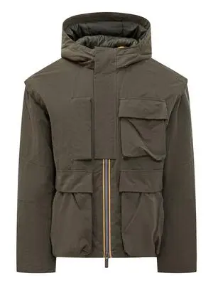 K-WAY Utility Zip-up Hooded Jacket With Padded Lining - Green Blackish