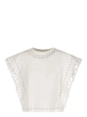 MARANT ETOILE Embroidered Cotton T-shirt With Lace And Pompoms - Ecru