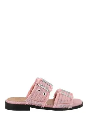 GANNI Frayed Denim Slide Sandals With Buckle Detail - Pink