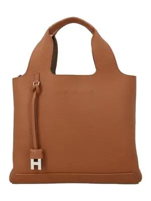 Hogan HOGAN Textured Calfskin Leather Tote Bag With Logo Charm Brown