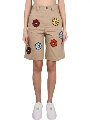 Moncler Cotton Gabardine Flower Applique Bermuda Shorts - Beige