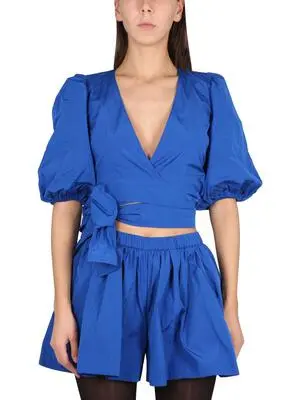 Red Valentino Taffeta Puff Sleeve Top With Front Tie - Blue