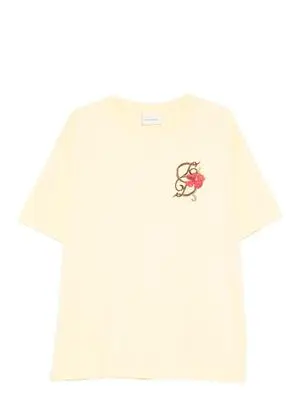 Drole De Monsieur Hibiscus 'd' Embroidered Ribbed Collar T-shirt - Yellow