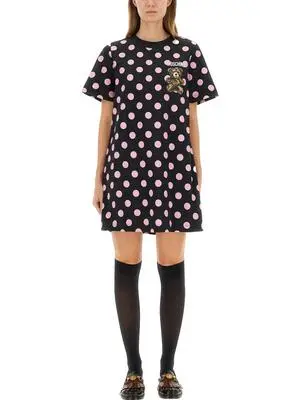 Moschino Polka Dot Teddy Bear Applique T-shirt Dress - Black