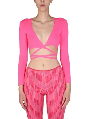 MSGM Cropped V-neck Knit Top - Fuchsia