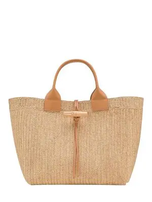 Longchamp Woven Straw Tote Bag With Leather Trim - Beige