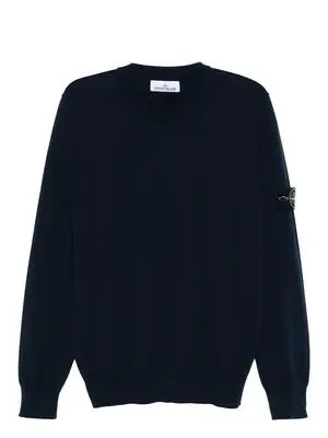 Stone Island Ribbed Neckline Sweater With Badge - Blu