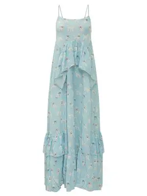 Fiorucci Long Maxi Dress With Dog Print And Ruffles - Light Blue