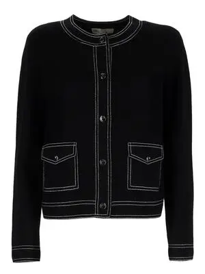 Tory Burch Topstitch Wool Cardigan - Black