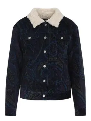 Etro Printed Cotton Blend Jacket With Shearling Collar - Blue