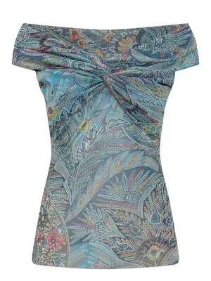 Etro Paisley Print Knot Detail Off-the-shoulder Top - Blue