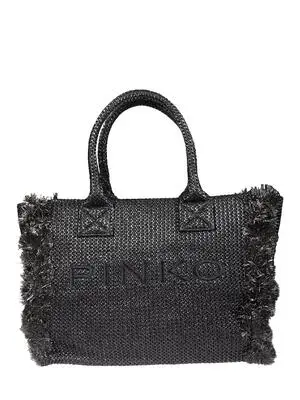 Pinko Raffia Mini Shoulder Bag With Fringe Detail - Nero