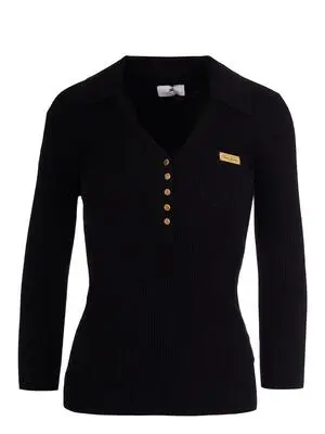 Elisabetta Franchi Ribbed Knit Polo With Button Detail And Pocket - Nero