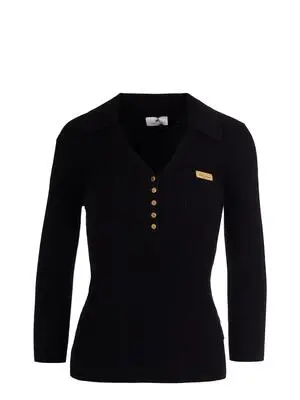 Elisabetta Franchi Ribbed Knit Long Sleeve Polo Top With Gold-tone Buttons - Nero