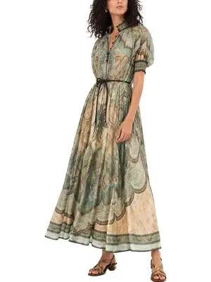 Zimmermann ZIMMERMANN Wanderlust Belted Shirred Printed Silk-Habotai Midi Dress Multicolour
