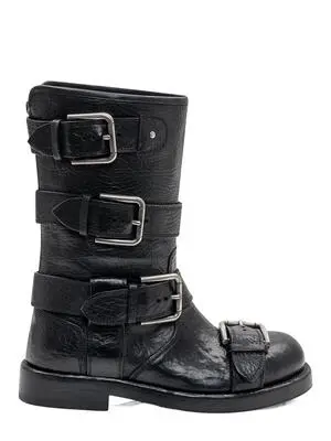 Dolce & Gabbana Black Leather Buckled Mid Calf Boots - Nero
