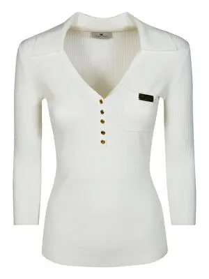 Elisabetta Franchi Ribbed Knit Polo Sweater With Gold-tone Buttons - Beige
