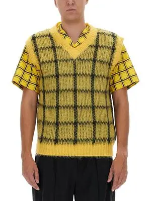 Marni V-neck Plaid Knit Vest - Yellow