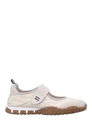 Miu Miu Technical Fabric And Suede Ballerinas With Hook-and-loop Closure - White