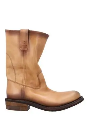 Miu Miu Slouchy Leather Boots With Aged Effect And 4.5 Cm Heel - Light Tan