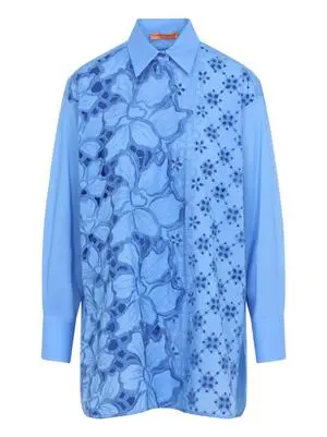 Ermanno Scervino Cotton Shirt With Floral Applique - Blue