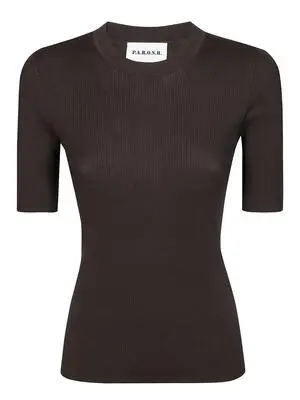 PAROSH Short Sleeve Textured Knit Sweater - Marrone