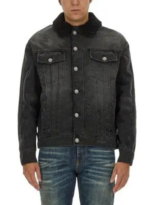 Balmain Distressed Denim Jacket With Sherpa Collar - Black