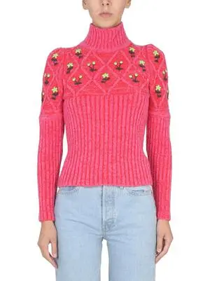 CORMIO Cormio Flower Embroidered High Neck Knit Red