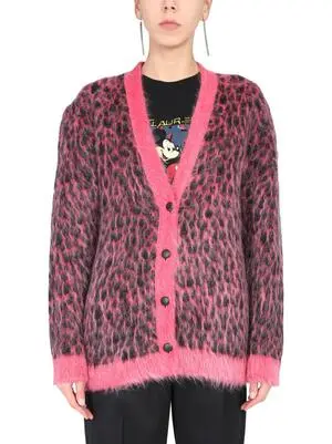 Saint Laurent Brushed Leopard Jacquard Wool Blend Cardigan - Pink