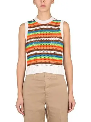 DEPARTMENT 5 Striped Crochet Knit Mini Cowl Neck Top - Multicolour