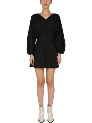 PATOU V-neck Mini Dress With Balloon Sleeves And Belted Waist - Black